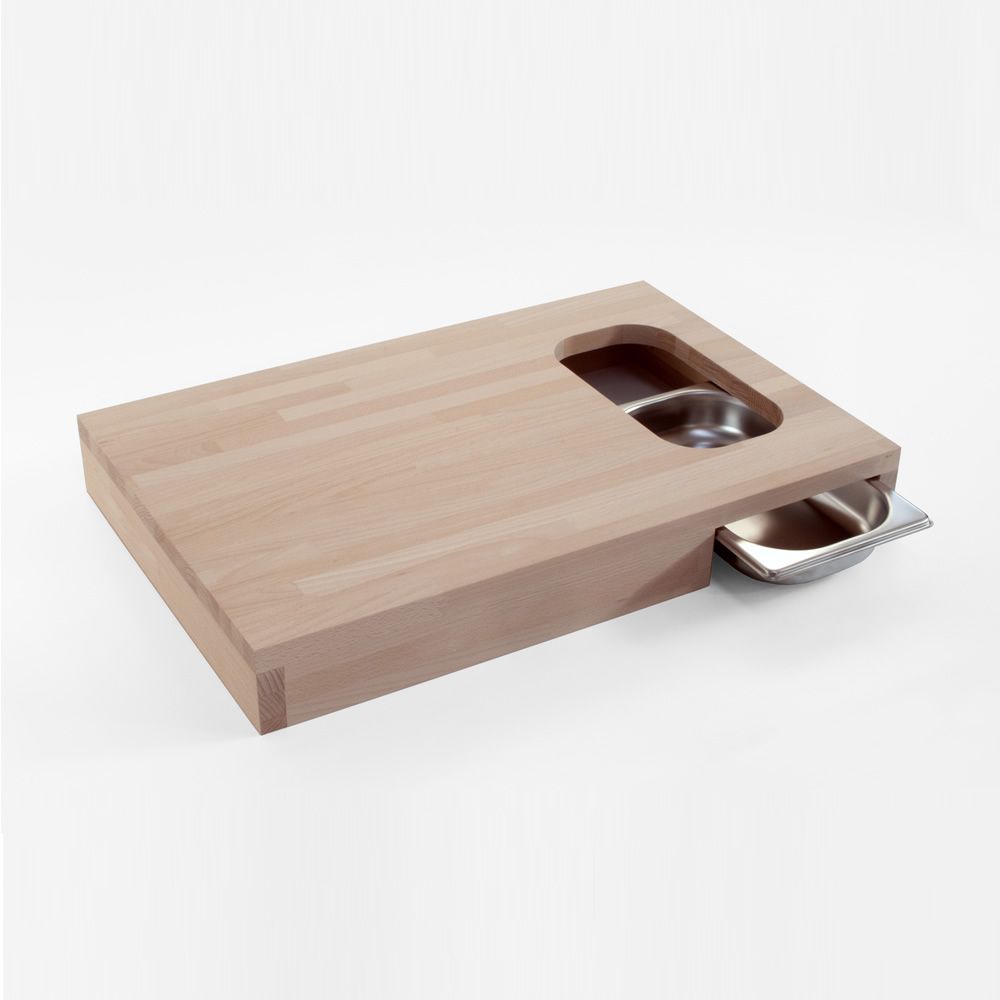 Chop: Chopping board made of wood with stainless steel container ...